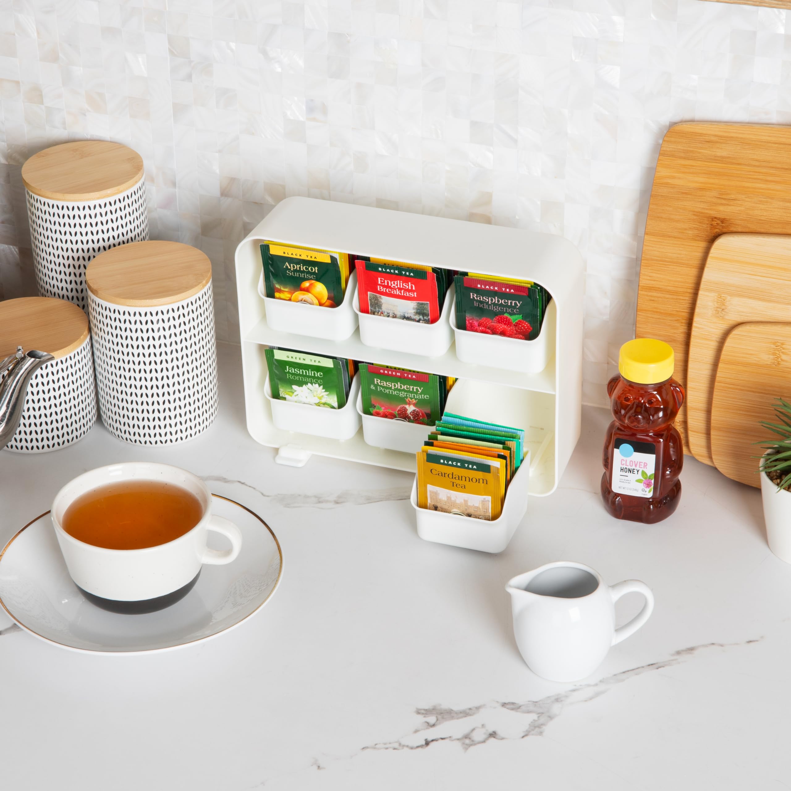 Mind Reader Tea Bag Organizer, Tea Station Organizer, Countertop Storage, Kitchen, Plastic, 10.25"L x 3.25"W x 7.75"H, White