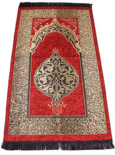 Muslim Prayer Rug with Prayer Beads | Janamaz | Sajadah | Soft Islamic Prayer Rug | Islamic Gifts | Prayer Carpet Mat, Chenille Fabric, Brick