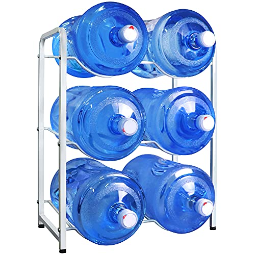 5 Gallon Water Cooler Jug Rack,3-Tier Water Bottle Holder for 6 Bottles,Heavy Duty Water Jug Storage Shelf of Carbon Steel,Detachable Water Jug Organizer Floor Protection for Home Office (White)