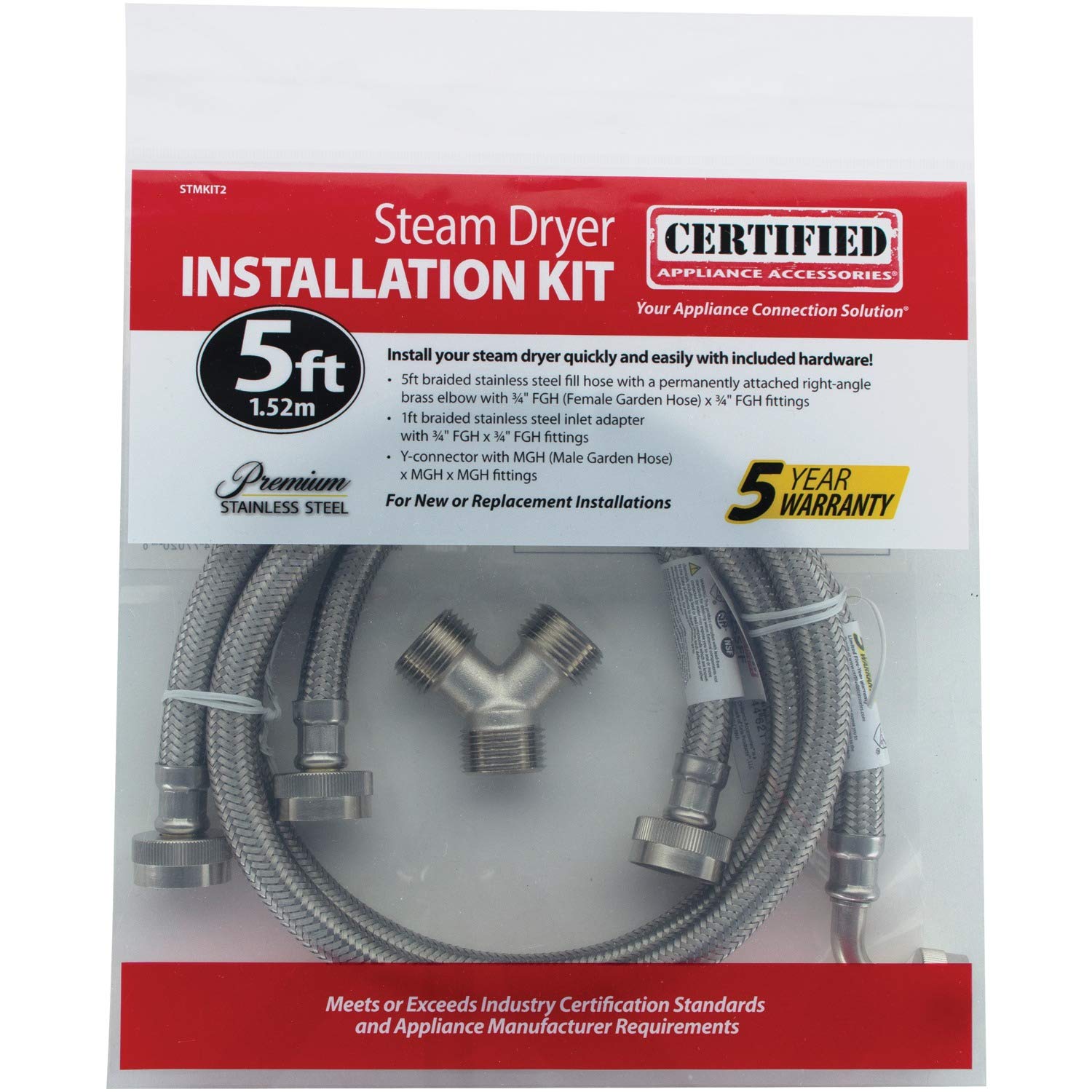 Certified Appliance Accessories Steam Dryer Installation Kit [Steam Dryer Hose with 90 Degree Elbow, Y Connector and Inlet Adapter Hose], 5 Feet