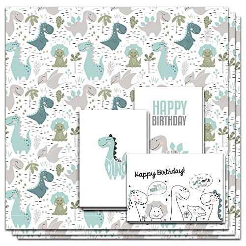 Dinosaur Wrapping Paper with Matching Cards - Premium Happy Birthday Wrapping Paper for Boys and Girls includes 3 Folded Sheets 30 x 20 inches and 3 Coordinating Gift Cards Great for Three Rex Birthday Party Decorations and Baby Wrapping Paper