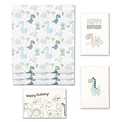 Dinosaur Wrapping Paper with Matching Cards - Premium Happy Birthday Wrapping Paper for Boys and Girls includes 3 Folded Sheets 30 x 20 inches and 3 Coordinating Gift Cards Great for Three Rex Birthday Party Decorations and Baby Wrapping Paper