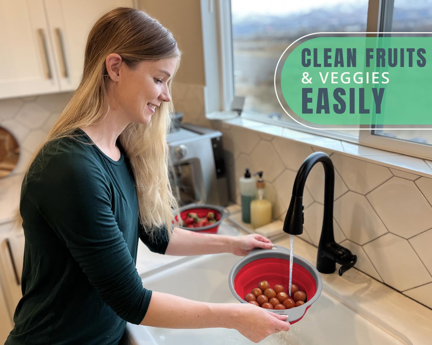 Ultimate Kitchen Strainers Set of 2 - Collapsible Silicone Colanders For Easy Storage by Comfify - Use with Pasta & Veggies or as a Fruit or Berry Bowl with Strainer - Irreplaceable for Campers - Red