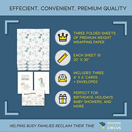 Dinosaur Wrapping Paper with Matching Cards - Premium Happy Birthday Wrapping Paper for Boys and Girls includes 3 Folded Sheets 30 x 20 inches and 3 Coordinating Gift Cards Great for Three Rex Birthday Party Decorations and Baby Wrapping Paper
