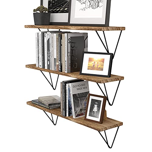 Wallniture Colmar Floating Shelves for Wall, 24 Inch Geometric Triangle Shelf Set of 3 for Living Room Décor Burned Storage Shelves with Black Shelf Brackets