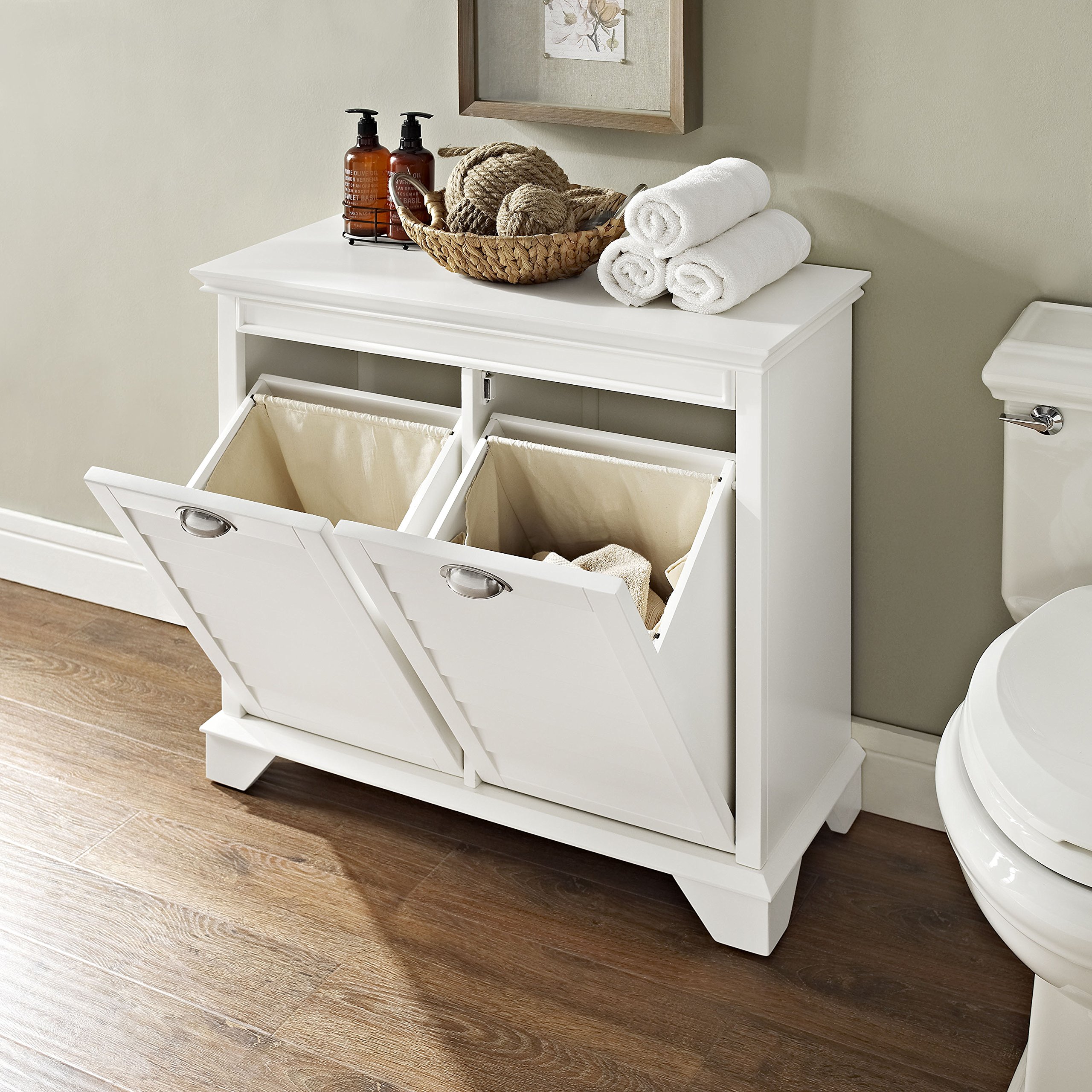 Crosley Furniture Lydia Laundry Hamper with Linen Sorting Bags, Bathroom Storage and Organization, White