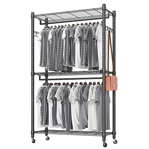 Heavy Duty Garment Rack on Wheels, Portable Clothes Racks for hanging clothes, Simple Sturdy Wardrobe Rack with Double Hanging Bar, 2 Hanger Hooks - Hold Up to 400Lbs (Black, 2Rod 2Hook)
