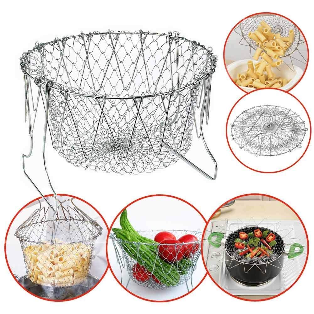 304 Stainless Steel Foldable Steam Rinse Strain Fry Basket Strainer Net Kitchen Cooking Tool for Fried Food or Fruits