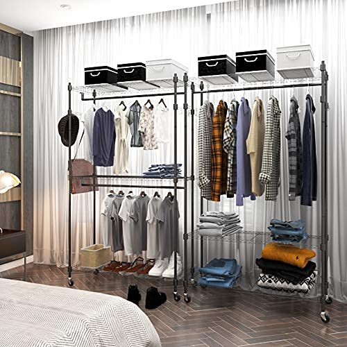 Heavy Duty Garment Rack on Wheels, Portable Clothes Racks for hanging clothes, Simple Sturdy Wardrobe Rack with Double Hanging Bar, 2 Hanger Hooks - Hold Up to 400Lbs (Black, 2Rod 2Hook)