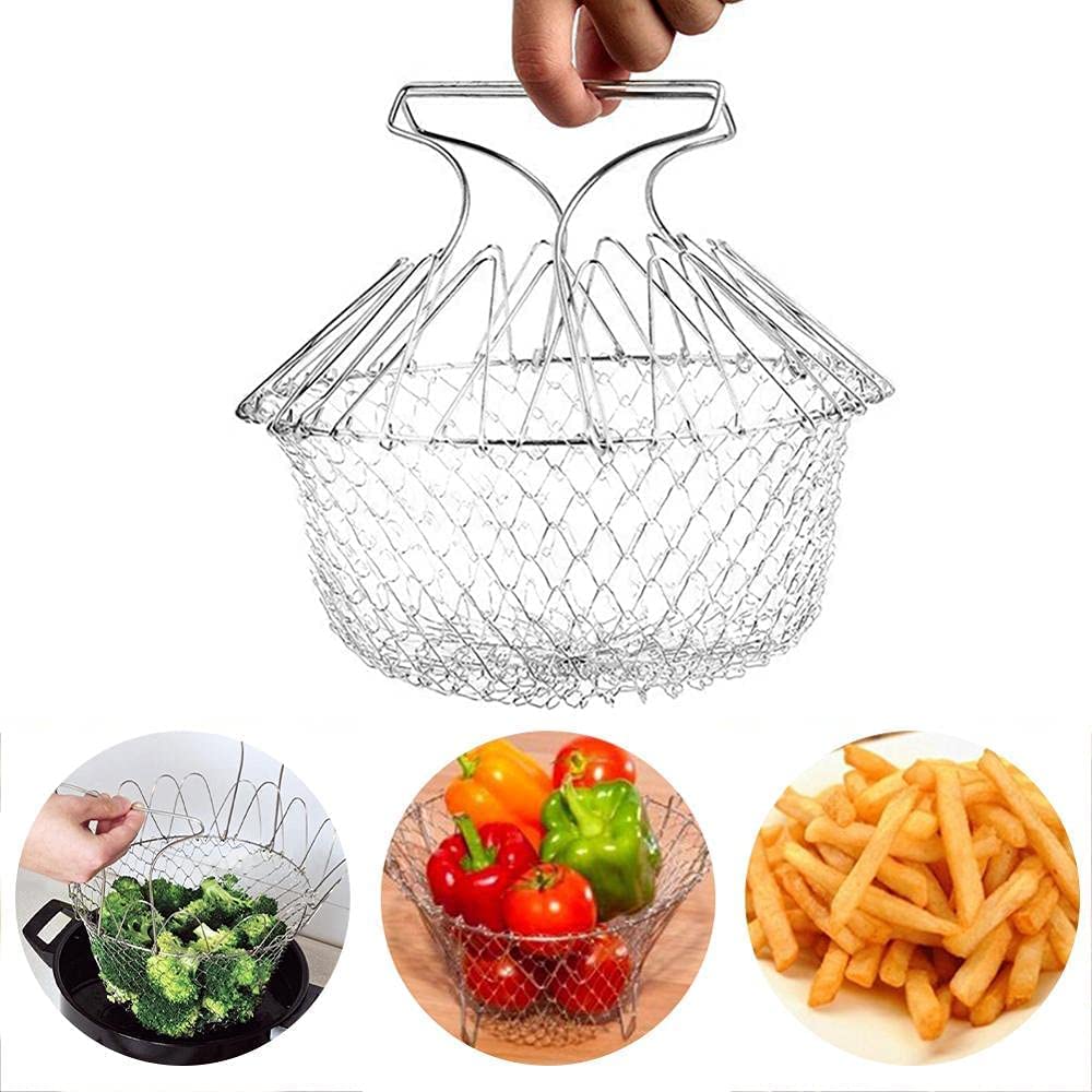 304 Stainless Steel Foldable Steam Rinse Strain Fry Basket Strainer Net Kitchen Cooking Tool for Fried Food or Fruits