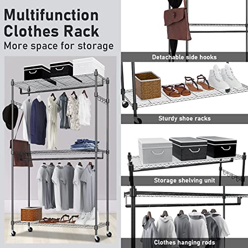 Heavy Duty Garment Rack on Wheels, Portable Clothes Racks for hanging clothes, Simple Sturdy Wardrobe Rack with Double Hanging Bar, 2 Hanger Hooks - Hold Up to 400Lbs (Black, 2Rod 2Hook)