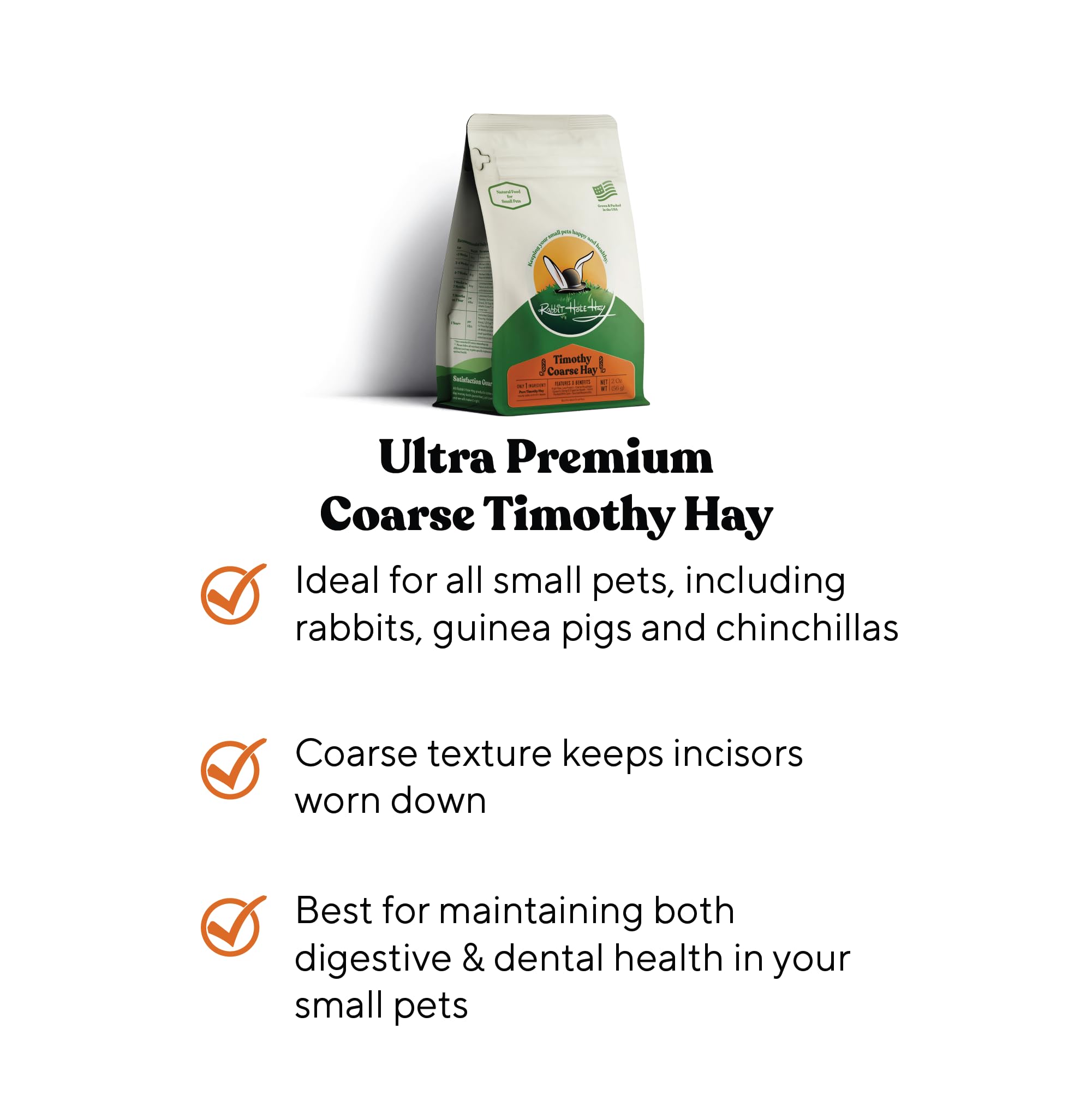 Rabbit Hole Hay - Ultra Premium Coarse Timothy Hay for Small Pets - 4 oz Pack