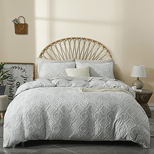 BEDAZZLED Duvet Cover Queen Size, 3 Pieces Tufted Comforter Cover Set, Soft and Embroidery Shabby Chic Boho Bedding Sets for All Seasons, Light Grey