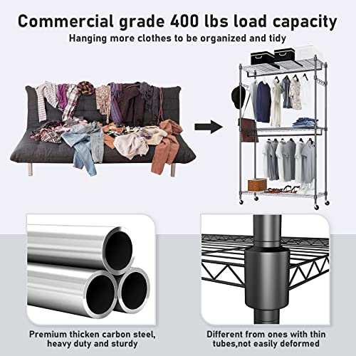 Heavy Duty Garment Rack on Wheels, Portable Clothes Racks for hanging clothes, Simple Sturdy Wardrobe Rack with Double Hanging Bar, 2 Hanger Hooks - Hold Up to 400Lbs (Black, 2Rod 2Hook)