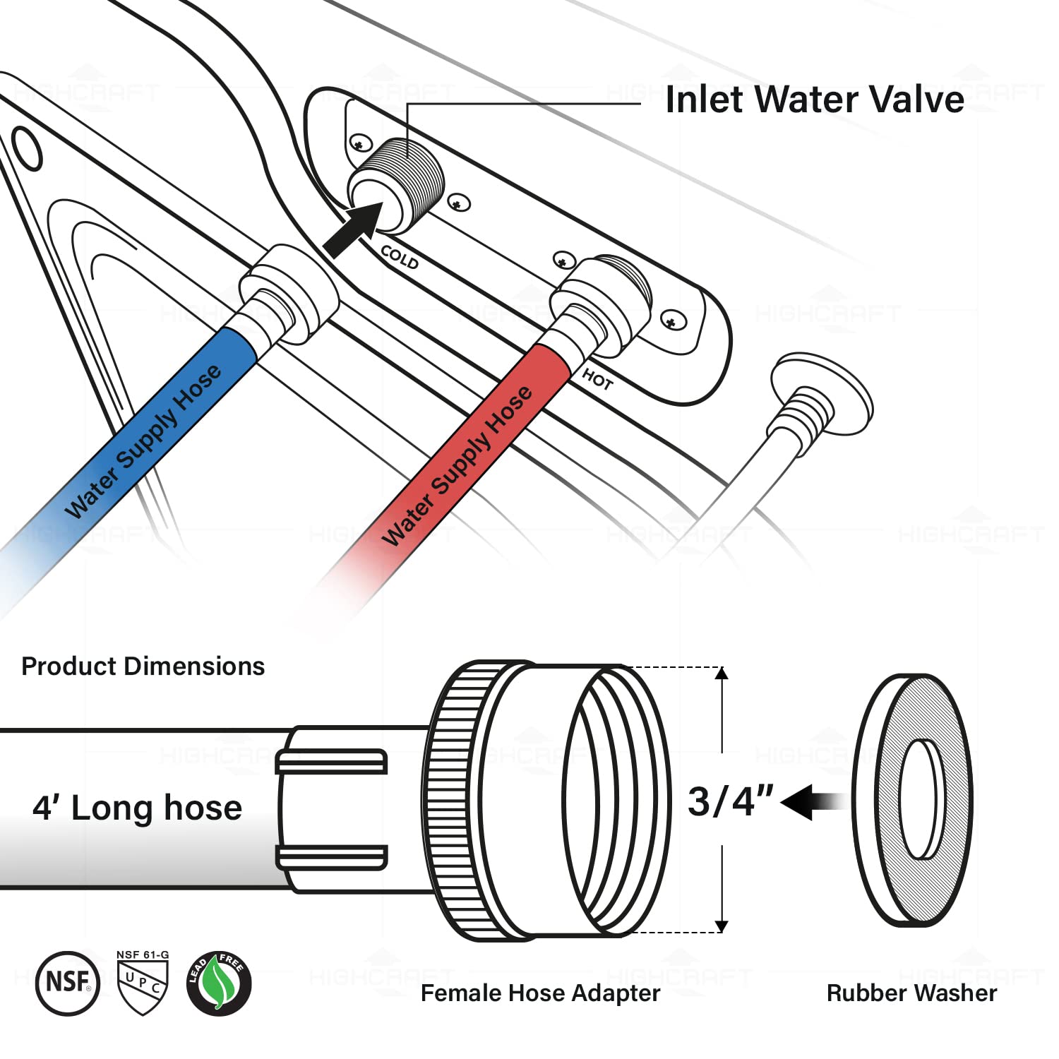 Highcraft CNCT2564L Hose Connector, for Hot and Cold Water, Washing Machine Supply Line, EPDM Rubber Tube Cover 4 Feet (Pack of 2 1 Ft, Red/Blue