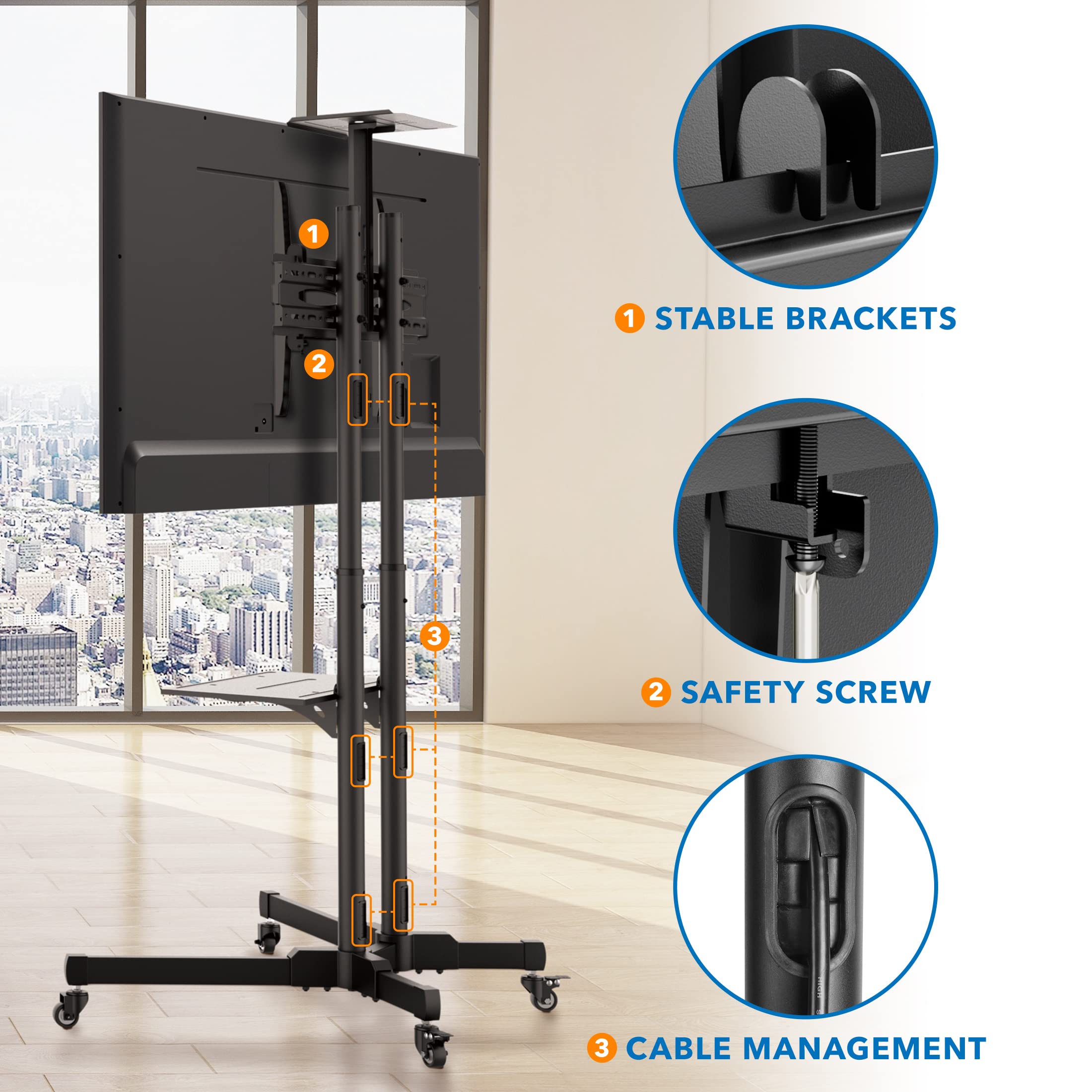 Mount-It! TV Cart Mobile TV Stand Wheeled Height Adjustable Flat Screen Television Floor Stands with Rolling Casters and Shelf, VESA Compatible TV Mount Bracket Fits Displays 37 to 70 Inch, 110 Lbs