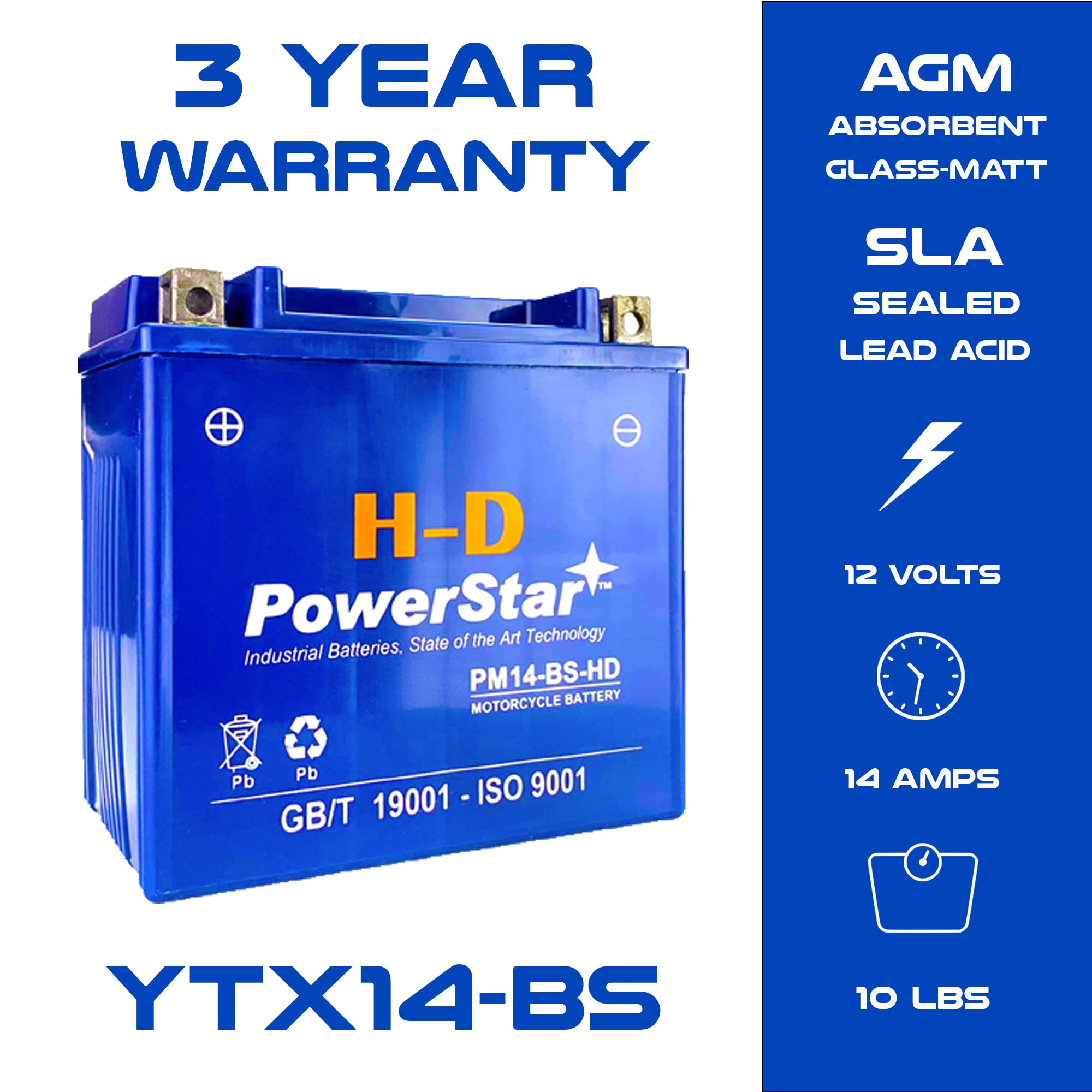 PowerStar YTX14 BS ATV Battery High Performance - Maintenance Free - Sealed AGM YTX14-BS Motorcycle Battery compatible for Honda TRX FL 350 400 500 650 Rancher Foreman