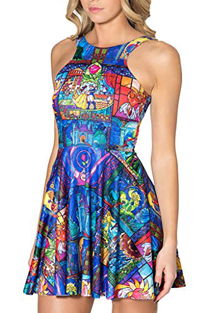 QZUnique Women's Cartoon Printed Stretchy Sleeveless Pleated Fit and Flare Skater Dress