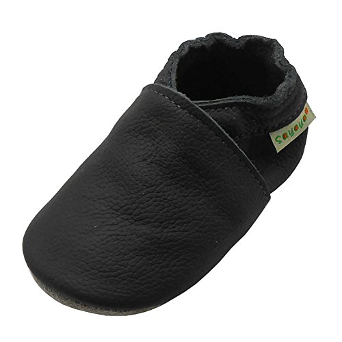 SAYOYO Baby Soft Sole Prewalkers Skid-Resistant Baby Toddler Shoes Cowhide Shoes (0-6 Months, Dark Grey)