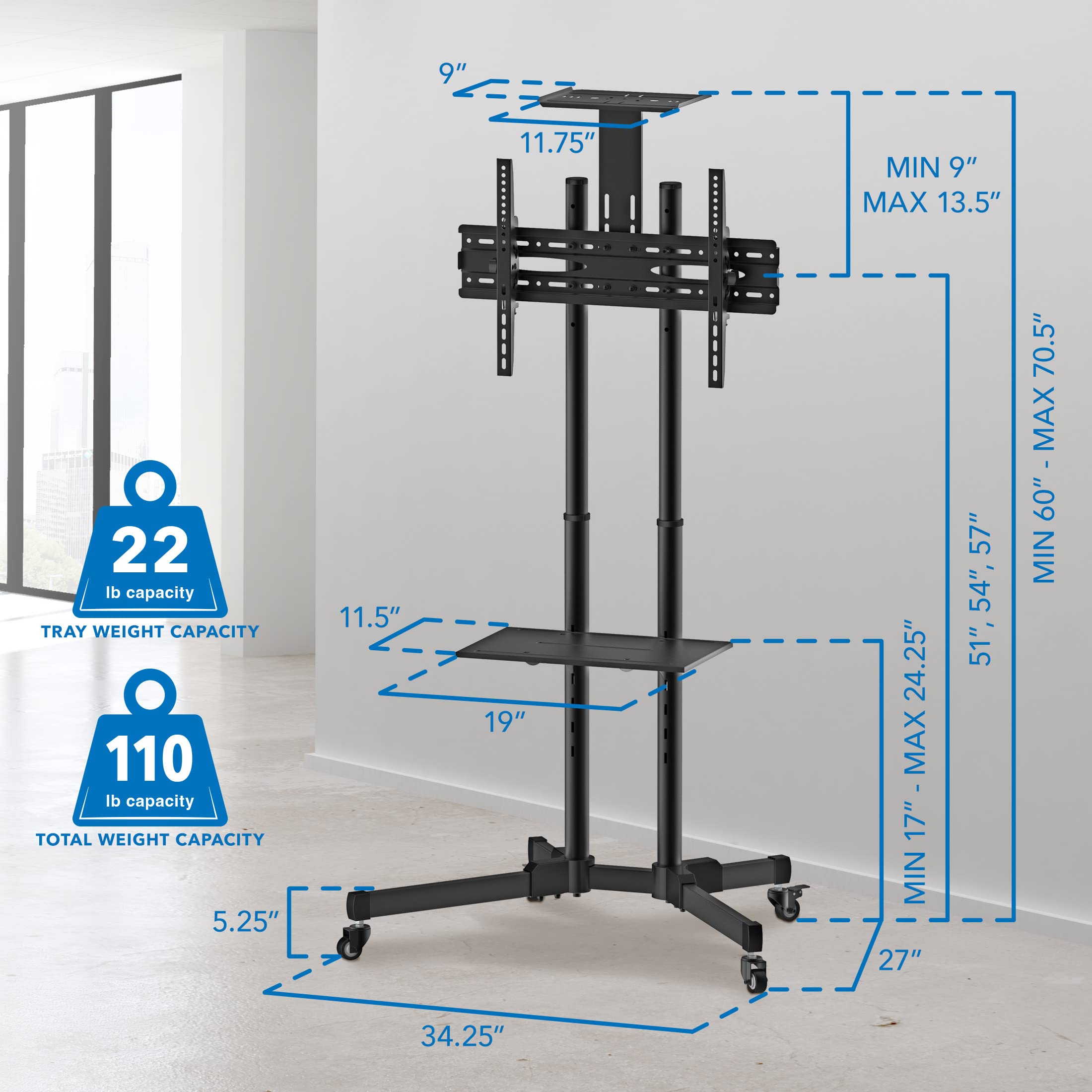Mount-It! TV Cart Mobile TV Stand Wheeled Height Adjustable Flat Screen Television Floor Stands with Rolling Casters and Shelf, VESA Compatible TV Mount Bracket Fits Displays 37 to 70 Inch, 110 Lbs