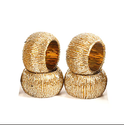Goroly Home Beaded Napkin Rings Set of 4, Hand Made Round Beaded Napkin Rings Perfect for Christmas, Thanksgiving, Family Gatherings - A Beautiful Complements to Your Dinner Table Décor - Gold