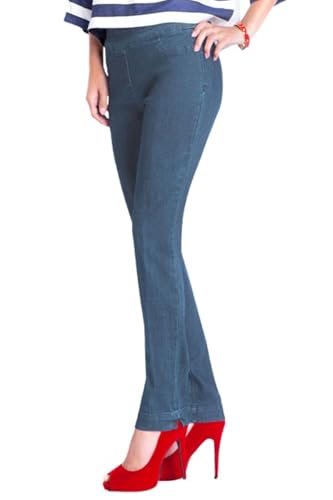 SLIM-SATION Women's Wide Band Regular Length Pull-on Straight Leg Pant with Tummy Control, Denim, 12