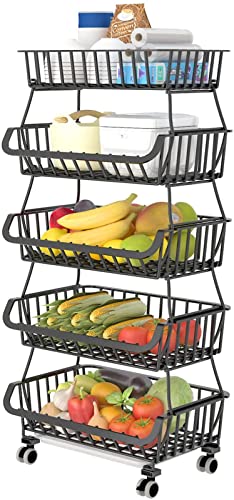 OKZEST 5 Tier Fruit Basket for Kitchen, Rolling Vegetable Fruit Storage Basket Stand Organizer Cart for Snack Potato Onion Produce, Utility Stackable Metal Wire Storage Bin Rack with Wheels for Pantry