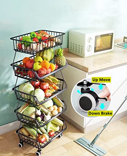 OKZEST 5 Tier Fruit Basket for Kitchen, Rolling Vegetable Fruit Storage Basket Stand Organizer Cart for Snack Potato Onion Produce, Utility Stackable Metal Wire Storage Bin Rack with Wheels for Pantry