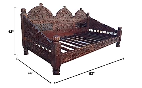 Worldcraft Industries Carved Arch DayBed. Medium Antique Finish. Twin XL Size. Handmade from Solid Mahogany Wood. Designed, Produced and Imported Indian Inspired Day Bed Sofa.