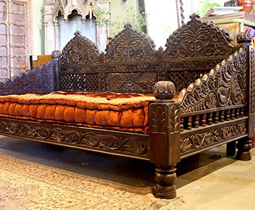Worldcraft Industries Carved Arch DayBed. Medium Antique Finish. Twin XL Size. Handmade from Solid Mahogany Wood. Designed, Produced and Imported Indian Inspired Day Bed Sofa.