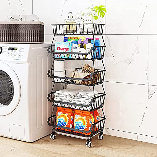 OKZEST 5 Tier Fruit Basket for Kitchen, Rolling Vegetable Fruit Storage Basket Stand Organizer Cart for Snack Potato Onion Produce, Utility Stackable Metal Wire Storage Bin Rack with Wheels for Pantry