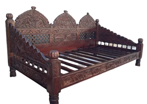 Worldcraft Industries Carved Arch DayBed. Medium Antique Finish. Twin XL Size. Handmade from Solid Mahogany Wood. Designed, Produced and Imported Indian Inspired Day Bed Sofa.