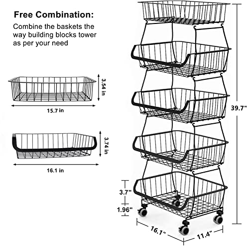 OKZEST 5 Tier Fruit Basket for Kitchen, Rolling Vegetable Fruit Storage Basket Stand Organizer Cart for Snack Potato Onion Produce, Utility Stackable Metal Wire Storage Bin Rack with Wheels for Pantry