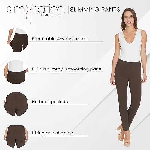 SLIM-SATION Women's Wide Band Regular Length Pull-on Straight Leg Pant with Tummy Control, Denim, 12