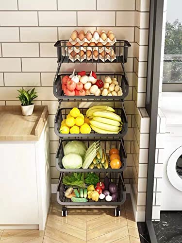 OKZEST 5 Tier Fruit Basket for Kitchen, Rolling Vegetable Fruit Storage Basket Stand Organizer Cart for Snack Potato Onion Produce, Utility Stackable Metal Wire Storage Bin Rack with Wheels for Pantry