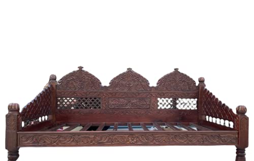 Worldcraft Industries Carved Arch DayBed. Medium Antique Finish. Twin XL Size. Handmade from Solid Mahogany Wood. Designed, Produced and Imported Indian Inspired Day Bed Sofa.