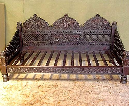 Worldcraft Industries Carved Arch DayBed. Medium Antique Finish. Twin XL Size. Handmade from Solid Mahogany Wood. Designed, Produced and Imported Indian Inspired Day Bed Sofa.