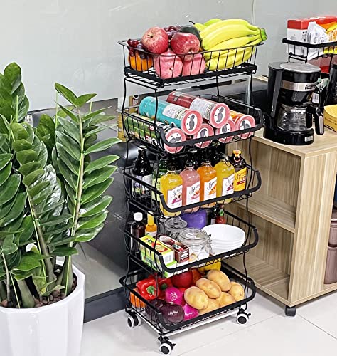 OKZEST 5 Tier Fruit Basket for Kitchen, Rolling Vegetable Fruit Storage Basket Stand Organizer Cart for Snack Potato Onion Produce, Utility Stackable Metal Wire Storage Bin Rack with Wheels for Pantry