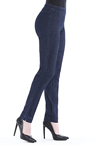 SLIM-SATION Women's Wide Band Regular Length Pull-on Straight Leg Pant with Tummy Control, Denim, 12