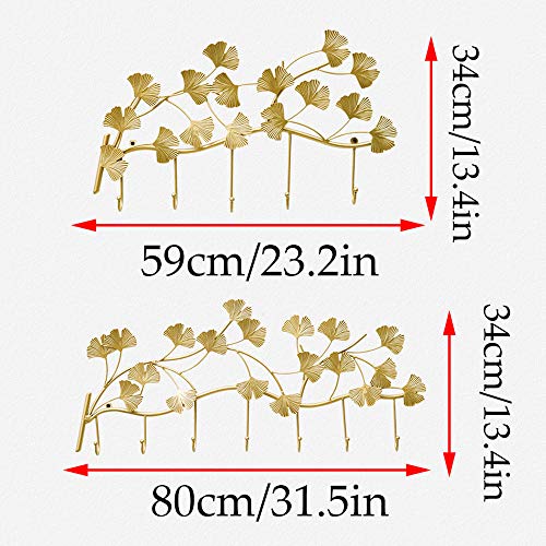 JWZQ Coat Hooks for Wall Mounted, 1x Iron Hook Coat Rack, Ginkgo Biloba Gold Coat Hooks, for Clothes, Hats, Robes, Purse, Towels, 5/7 Hook