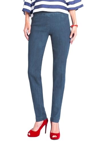SLIM-SATION Women's Wide Band Regular Length Pull-on Straight Leg Pant with Tummy Control, Denim, 12