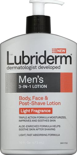 Lubriderm Men's 3-In-1 Lotion Enriched with Soothing Aloe for Body and Face, Non-Greasy Post Shave Moisturizer with Light Fragrance, 16 fl. oz