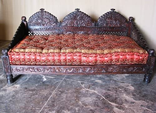 Worldcraft Industries Carved Arch DayBed. Medium Antique Finish. Twin XL Size. Handmade from Solid Mahogany Wood. Designed, Produced and Imported Indian Inspired Day Bed Sofa.