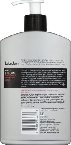 Lubriderm Men's 3-In-1 Lotion Enriched with Soothing Aloe for Body and Face, Non-Greasy Post Shave Moisturizer with Light Fragrance, 16 fl. oz