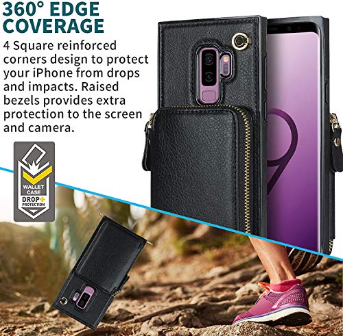 DEFBSC Crossbody Zipper Wallet Samsung Galaxy S9 Plus Case, PU Square Case with Chain Credit Card Holder Slot Shoulder Handbag Purse Wrist Strap Case for Samsung S9 Plus 6.2 Inch(Black)