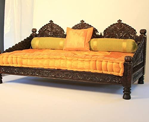 Worldcraft Industries Carved Arch DayBed. Medium Antique Finish. Twin XL Size. Handmade from Solid Mahogany Wood. Designed, Produced and Imported Indian Inspired Day Bed Sofa.