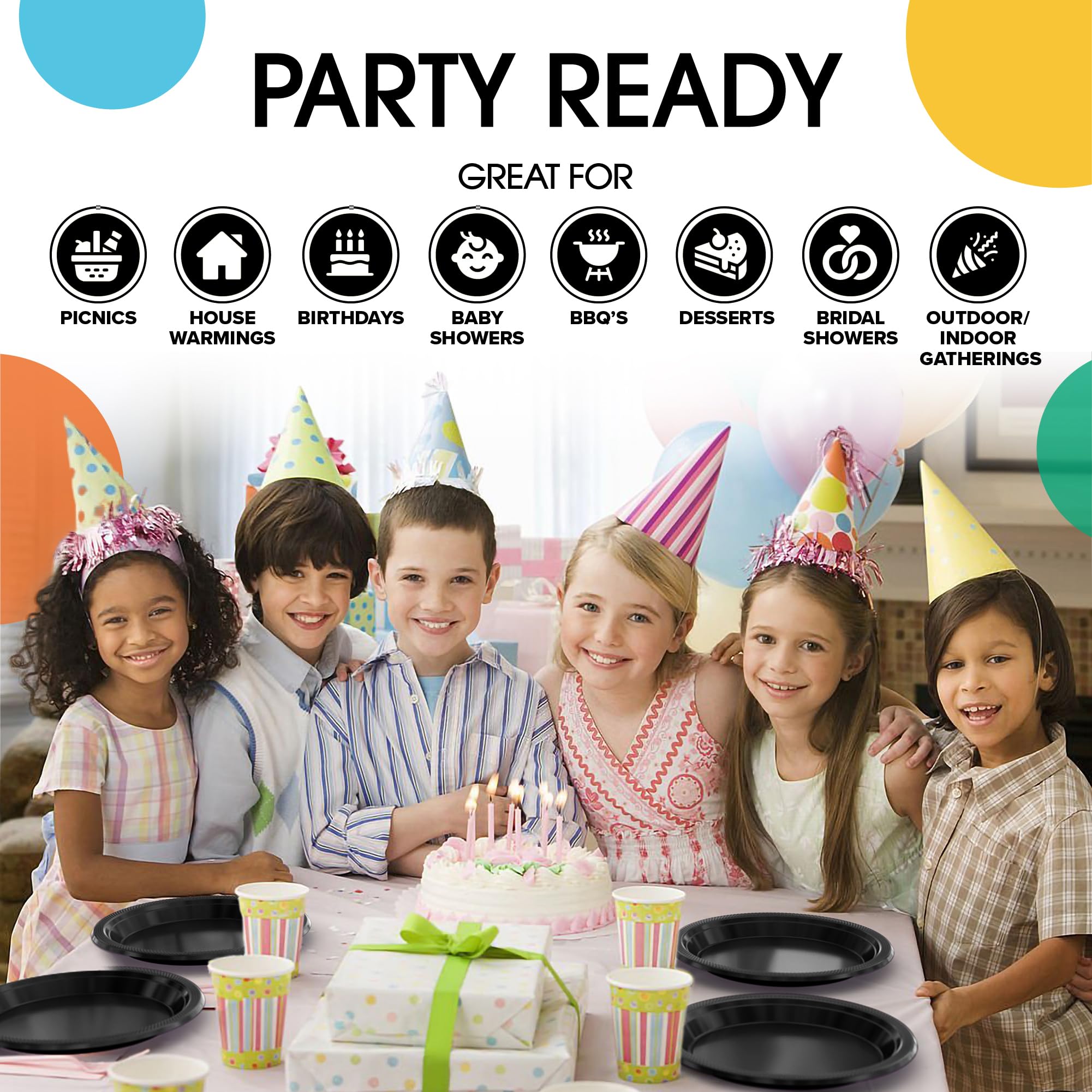 Exquisite Black Plastic Plates For Party 7" Black Disposable Plates For Party Supplies 100 Pcs Disposable Dinner Plate Heavy Duty 350 GSM Plate Sets, Plastic Dinnerware Sets