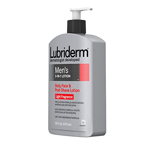 Lubriderm Men's 3-In-1 Lotion Enriched with Soothing Aloe for Body and Face, Non-Greasy Post Shave Moisturizer with Light Fragrance, 16 fl. oz