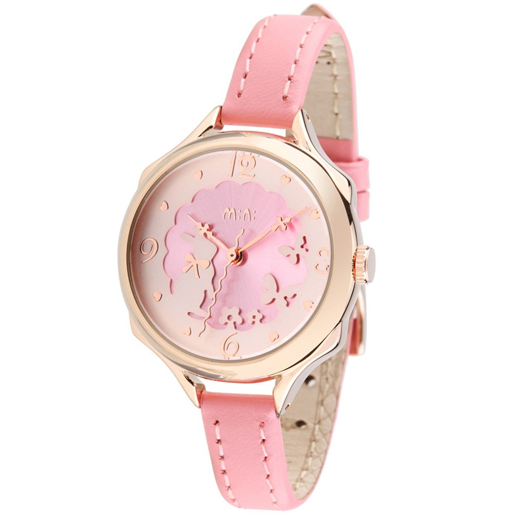 DREAMING Q&P Cute Bunny Women's Girl's Wrist Watches with Soft Pink Leather Strap Rose Golden Case fq062