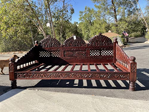 Worldcraft Industries Carved Arch DayBed. Medium Antique Finish. Twin XL Size. Handmade from Solid Mahogany Wood. Designed, Produced and Imported Indian Inspired Day Bed Sofa.